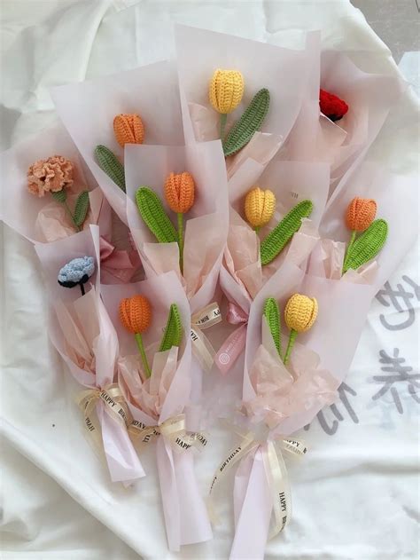 Pretty Crochet Colorful Tulip Flower Bouquet For Girl T Available