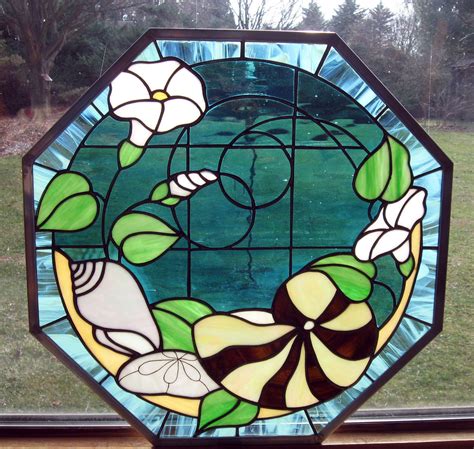 Seashell Ocean Seashore Octagon Stained Glass Window Panel Etsy
