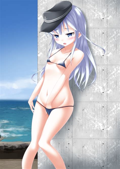 Rule 34 O Against Wall Anchor Symbol Arm At Side Bangs Bikini Black Hat Black Swimsuit Blue