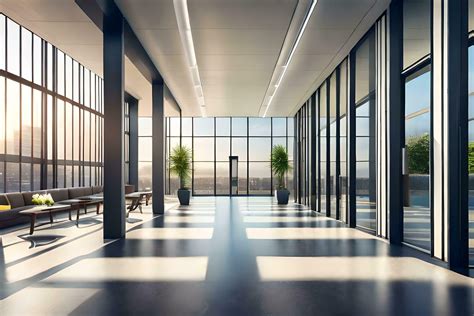 Modern Office Lobby With Large Windows And Floor To Ceiling Glass Walls