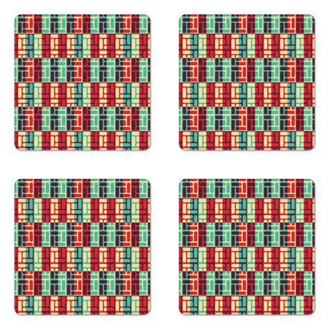 Geometric Coaster Set Of 4 Colorful Illustration With Stripes And Squares Grid Style