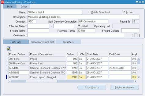 Manually Updating A Price List Oracle Apps Functional