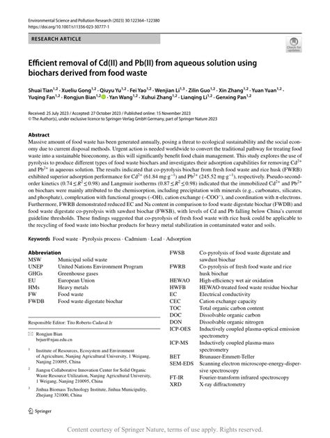 Efficient Removal Of Cdii And Pbii From Aqueous Solution Using Biochars Derived From Food