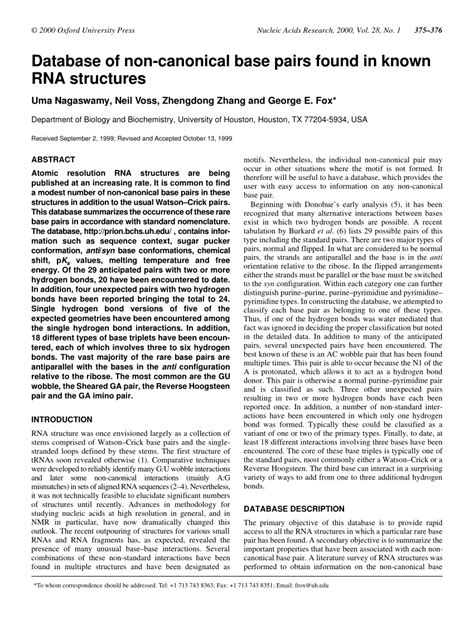 Pdf Database Of Non Canonical Base Pairs Found In Known Rna Structures