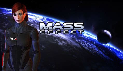 A Woman Standing In Front Of A Planet With The Words Mass Effect On It