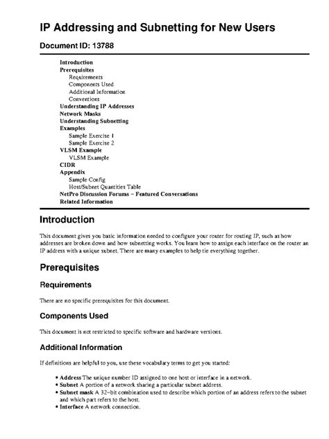 Ip Addressing Subnetting IP Addressing And Subnetting For New Users Document ID 13788 Studocu