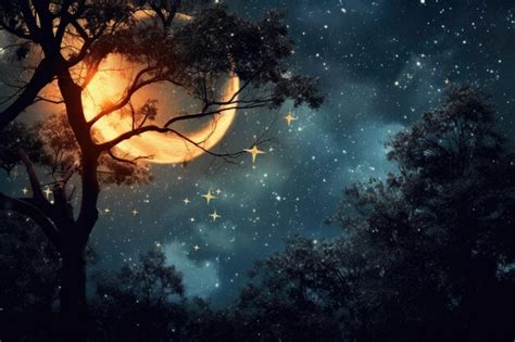 Premium Photo Ebony Tree In A Field Against The Backdrop Of The Moon And Stars
