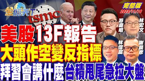 美股13f報告 大頭作空變反指標 拜習會講什麽 台積甩尾急拉大盤 Ft游庭皓 謝晨彥 林信富 林宏文｜金臨天下 完整版 20231116