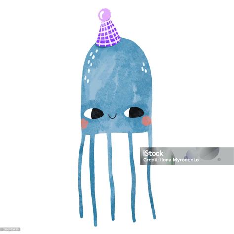 만화 스타일의 푸른 해파리 메두사는 생일을 축하한다 축제 모자를 쓴 메두사 고립 된 배경에 아이들의 손으로 그린 그림 깊은에