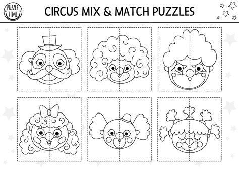 어릿광대 얼굴이 있는 벡터 서커스 흑백 믹스 앤 매치 퍼즐 일치하는 어뮤즈먼트 쇼 라인 활동 또는 색칠 페이지 무대 공연자와 함께 인쇄 가능한 교육용 게임xa 프리미엄 벡터