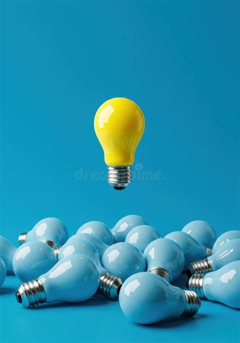 Yellow Light Bulb Stands Out From Blue Crowd Unique Idea Concept Stock Illustration