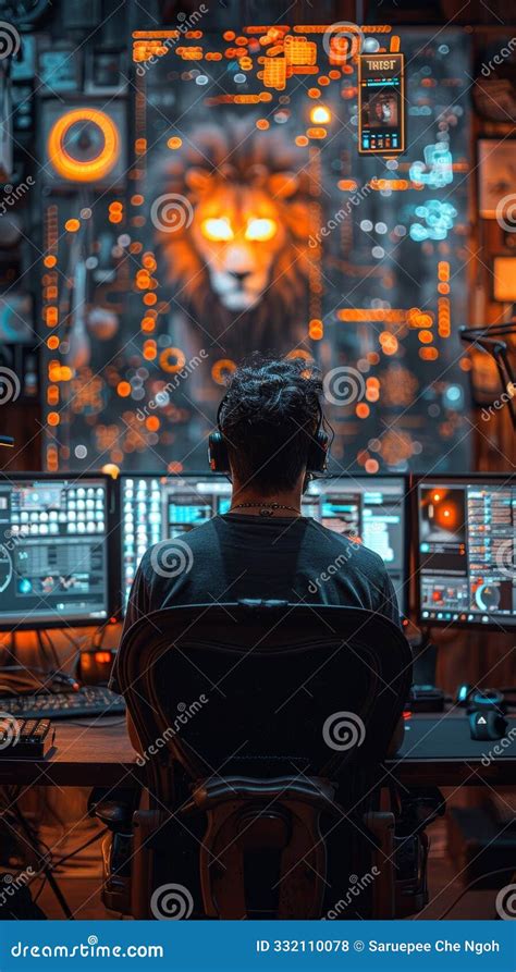 Tech Enthusiast Working At HighTech Computer Setup With Futuristic Lion
