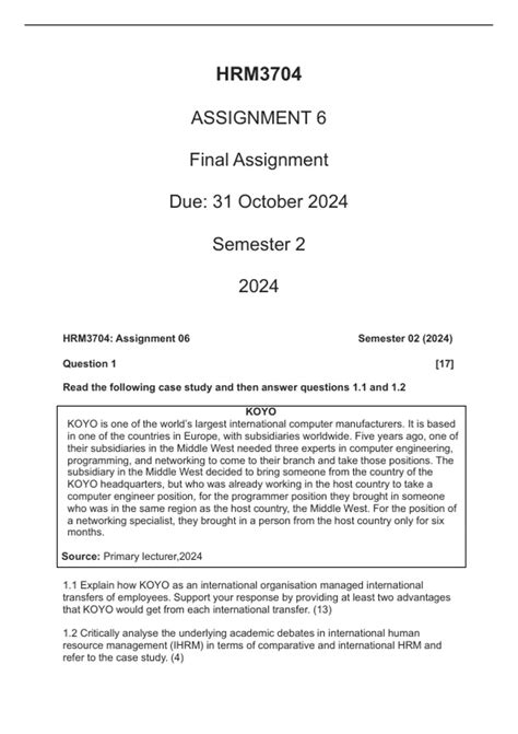 Hrm3704 Assignment 6 Semester 1 2025 Written Answers Due 31 October