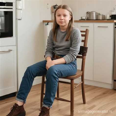 Greta Thunberg Sitting Sternly In Kitchen Environment AI Image Generator