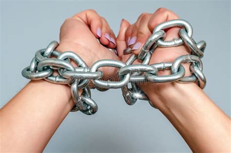 Chained Female Hands Close Up The Concept Of Gender Inequality Stock