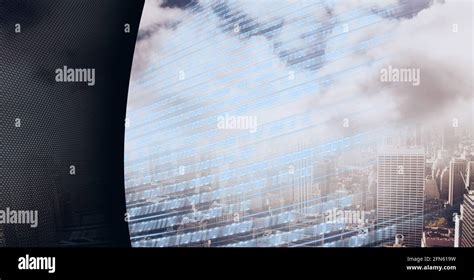 composition of binary coding over clouds cityscape and black