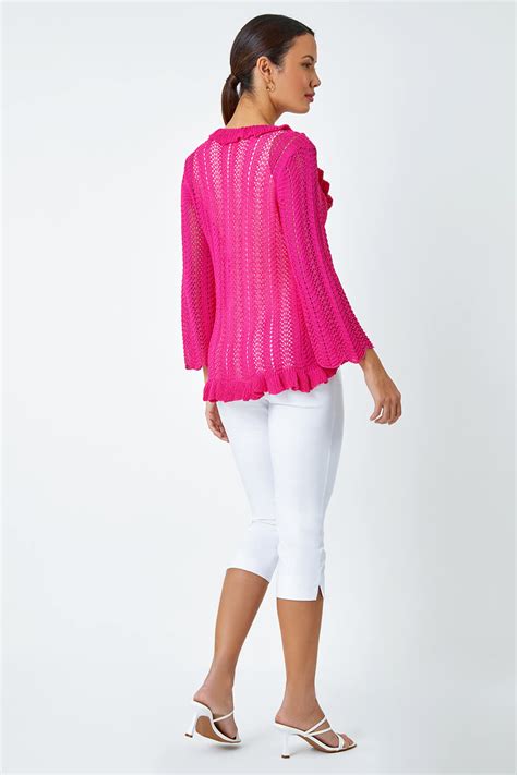Magenta Pointelle Knit Frill Trim Cardigan Roman Uk