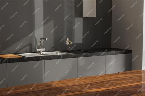 현대적인 주방 공간 3d 렌더링의 빈 아일랜드 또는 테이블 조리대의 어두운 회색 주방 디자인 세부 사항 프리미엄 사진