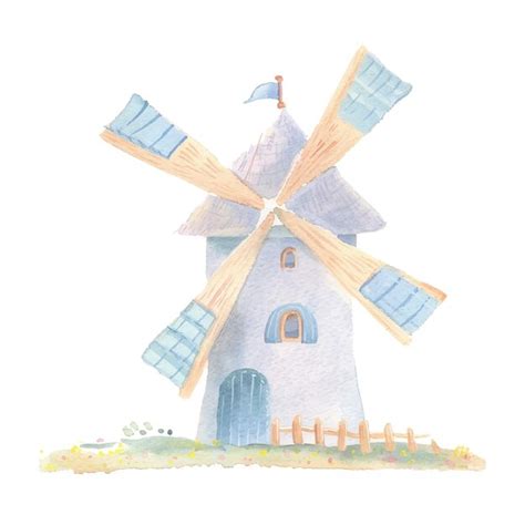 Cute Windmill White Background Watercolor 4 Premium Ai Generated Vector