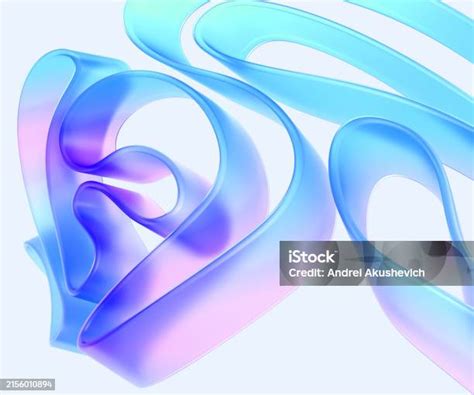 추상 유리 반투명 리본 접기 파란색 배경 3d 렌더링 무지개 색깔 기온변화도 짜임새 곡선 홀로그램 모양 디자인을 가진 플라스틱