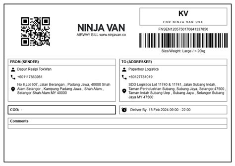 From Sender To Addressee For Ninja Van Use Pdf