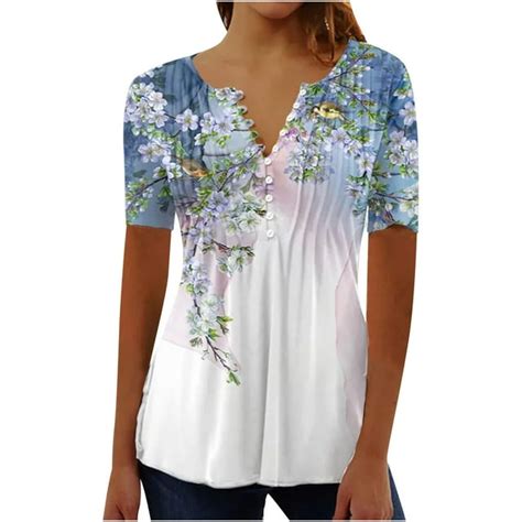 Jsaierl Womens Tops Hide Belly Shirts Summer Pleated Button V Neck T