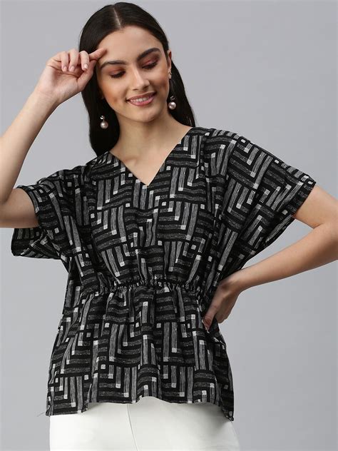 Buy Showoff Geometric Printed V Neck Extended Sleeves Cinched Waist Top