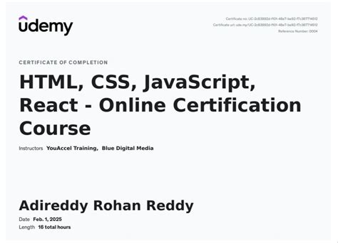 I Have Successfully Completed The Htmlcssjs And React Online Certification Course In Udemy