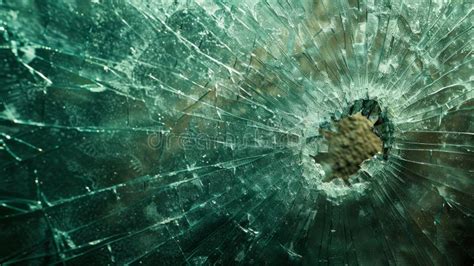 Broken Glass With A Bullet Hole In A Shattered Window At Night Stock