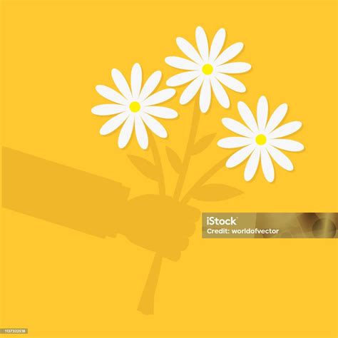 사업가 만화 캐릭터 그림자 손 흰색 데이지 꽃의 무리 꽃다발을 들고 인사말 카드입니다 노란색 배경입니다 평면 재질 디자인입니다 3가지 개체에 대한 스톡 벡터 아트 및 기타