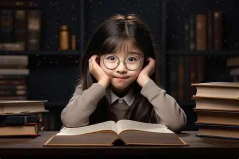 Азиатская школьница в очках, улыбаясь, позирует со многими книгами ...
