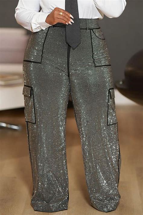 Plus Size Cocktail Party Black Sequin Pocket Pants Black Sequins Bad