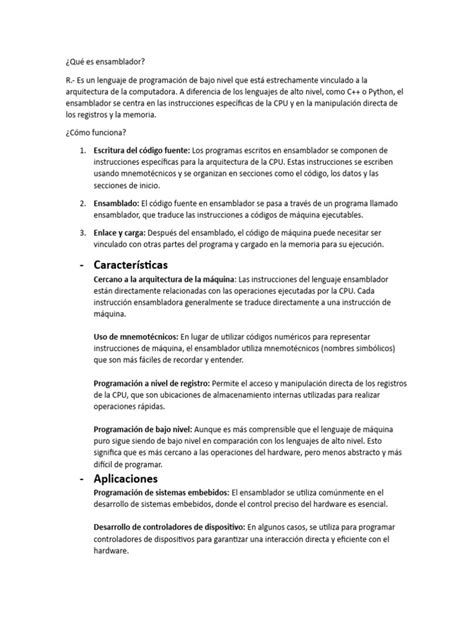 Qué Es Ensamblador Pdf Lenguaje Ensamblador Programación De Computadoras