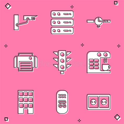 Set Security Camera Server Data Web Hosting Wrist Watch Printer Traffic Light Coffee