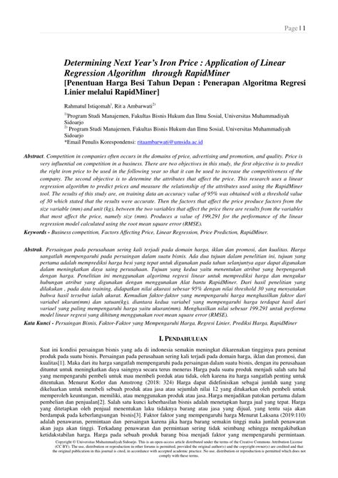 Pdf Determining Next Years Iron Price Application Of Linear Regression Algorithm Through