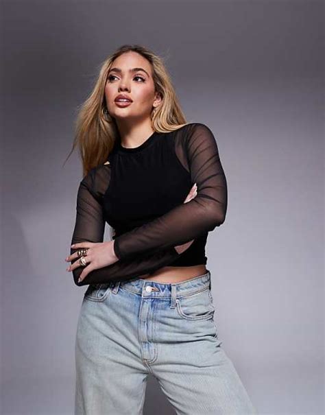 Asos Design Top à Manches En Tulle Avec Col Roulé Superposé Noir Asos