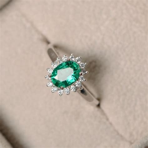 Lab Emerald Ring Promise Engagement Ring Sterling Silver Round Etsy