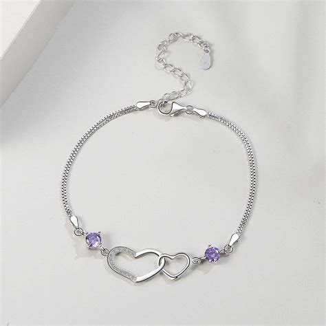 Двойна сребърна гривна с лилави камъни и сърца Истина Silenti Jewelry