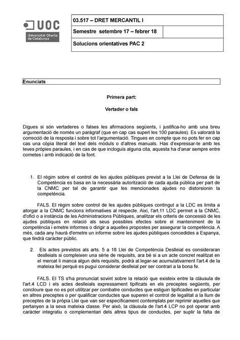 Sol PAC PAC DRET MERCANTIL I UOC DRET MERCANTIL I Semestre Setembre Febrer