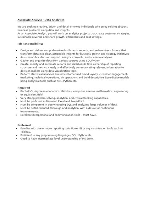 Associate Analyst Data Analytics Role Pdf