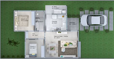 Planta de casa térrea 2 quartos Cód C031 Construindo Casas