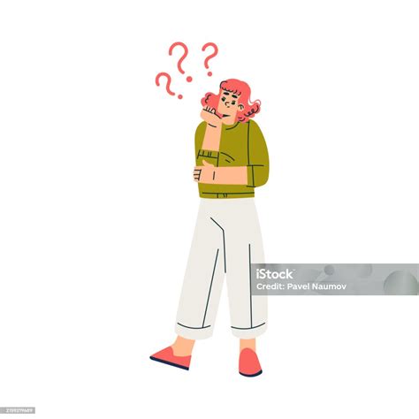 젊은 여성 캐릭터 서 있는 와 생각 와 물음표 벡터 일러스트 사색에 대한 스톡 벡터 아트 및 기타 이미지 사색 사람들 감정 Istock