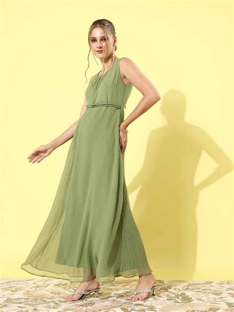 Pleated Style Bottom With Belt Maxi Dress Mish India