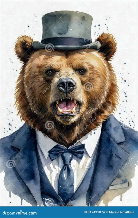 Distinguished Gentleman Bear In Suit And Top Hat Whimsically Dressed Bear Stands Poised
