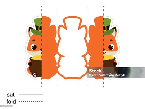 녹색 레프러콘 모자를 쓴 귀여운 여우가 금화로 중산모를 들고 있다 아일랜드 휴일 민속 테마 긴 인사말 카드 템플릿을 접습니다 인쇄 가능한 색 구성표 인쇄 잘라 내기 접기