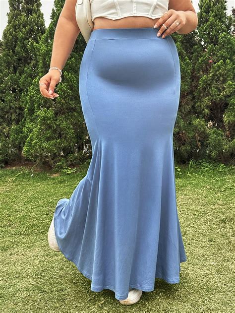 Shein Ezwear Plus Size Solid Color Mermaid Long Skirt Springsummeri