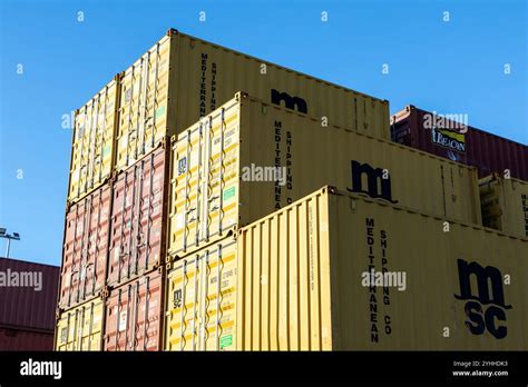 Cargo Containers From Msc Mediterranean Shipping Company Stacked High