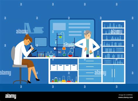 Illustration Of Scientists Men And Woman Working At Science Lab Chemical Experiment Lab Testing