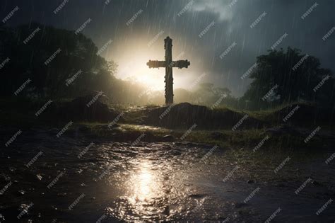 Premium Photo Christian Cross In The Rain During The Dawn Generative Ai