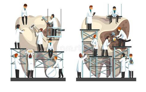 Small Dentists Cleaning And Treating Big Unhealthy Teeth Set Doctors